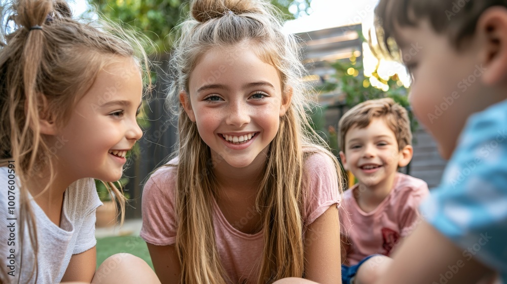 A teenage girl babysitting, playing with children in a backyard while ...