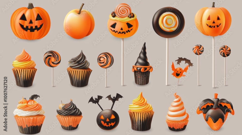 Collection of Halloween sweet candy cupcake cookie lollipop toffee ...