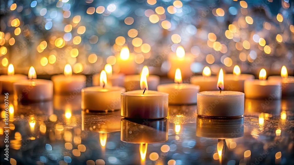 Warm candlelight illuminates the reflective surface, casting a ...