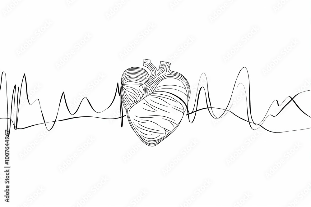 Heart beat one line. Continuous lines heart beats drawing. Wave pulse ...