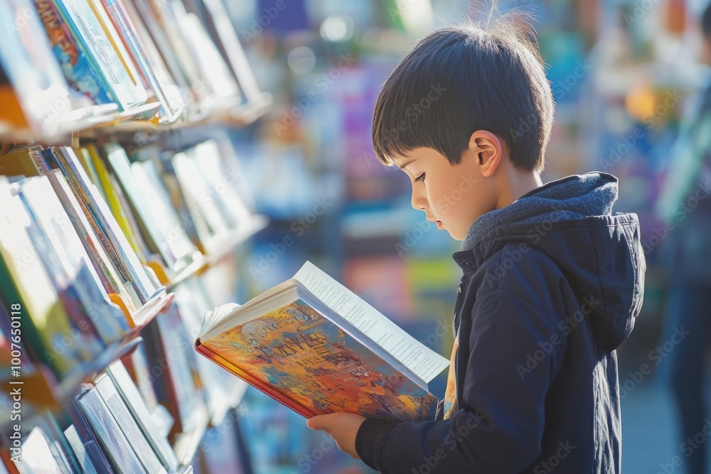 A young boy immersed in reading a book at a vibrant fantasy book fair ...