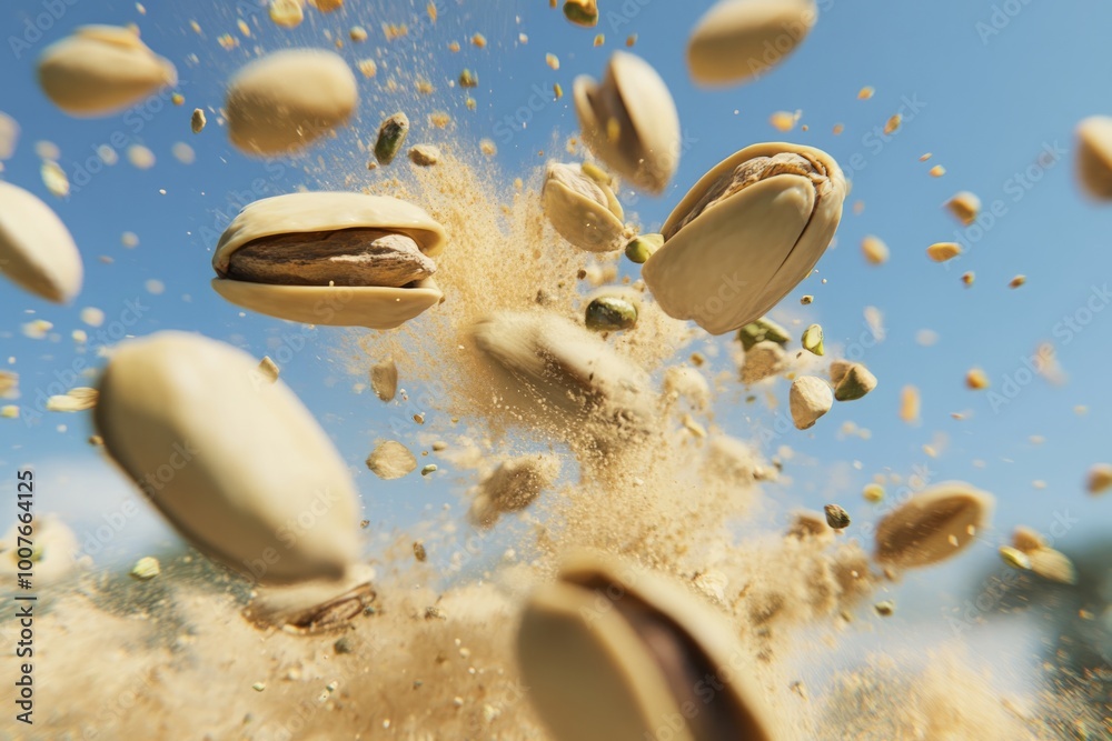 Realistic pistachio nuts exploding in motion, creating a dynamic splash ...