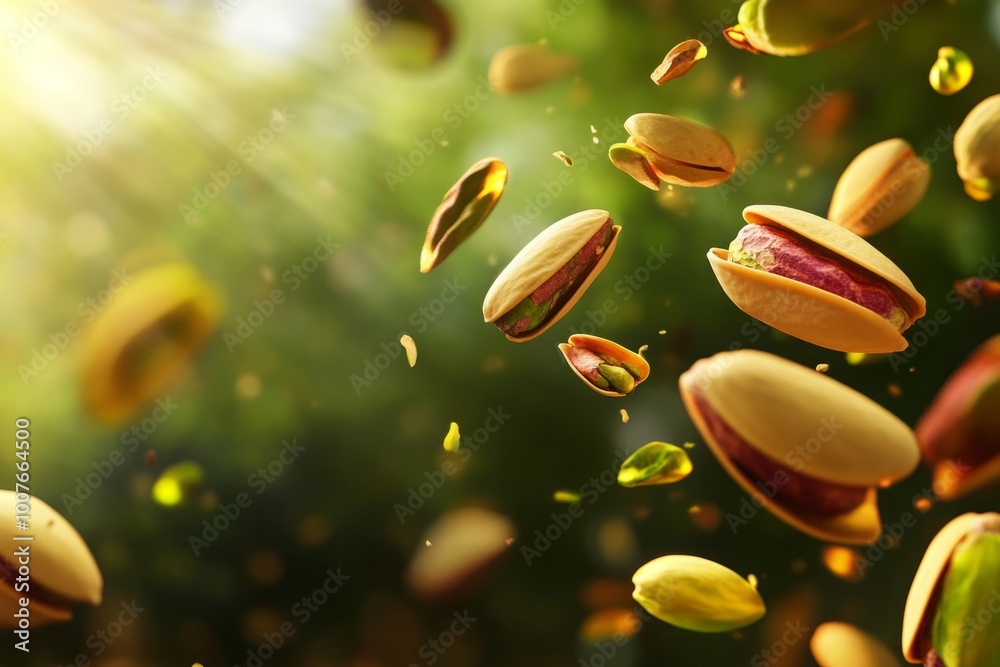 Realistic pistachio nuts exploding in motion, creating a dynamic splash ...