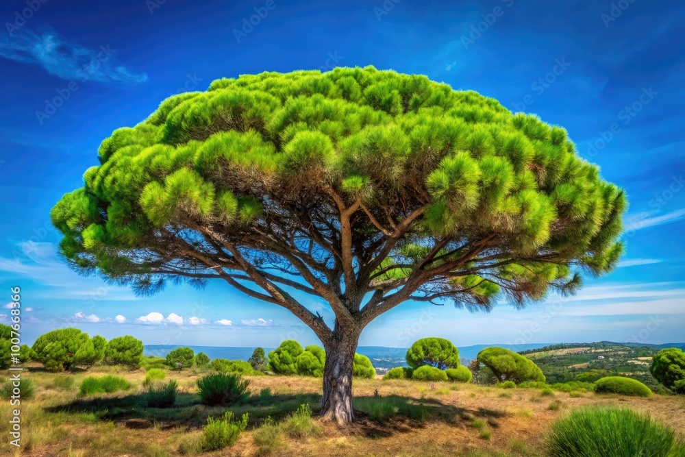 Lush African Pine Tree with Vibrant Green Needles Against a Clear Blue ...