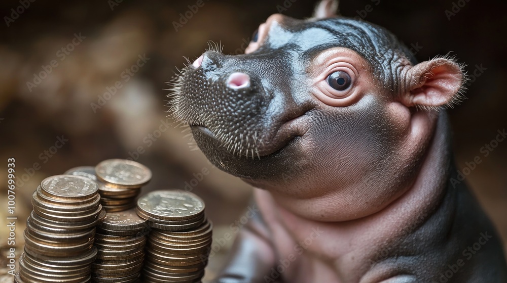 A baby hippopotamus figurine posed with stacks of coins, suggesting ...