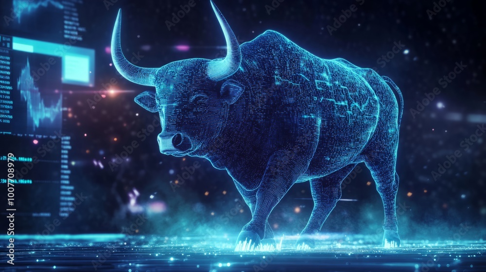 A futuristic concept of a bull market, featuring cutting-edge digital ...