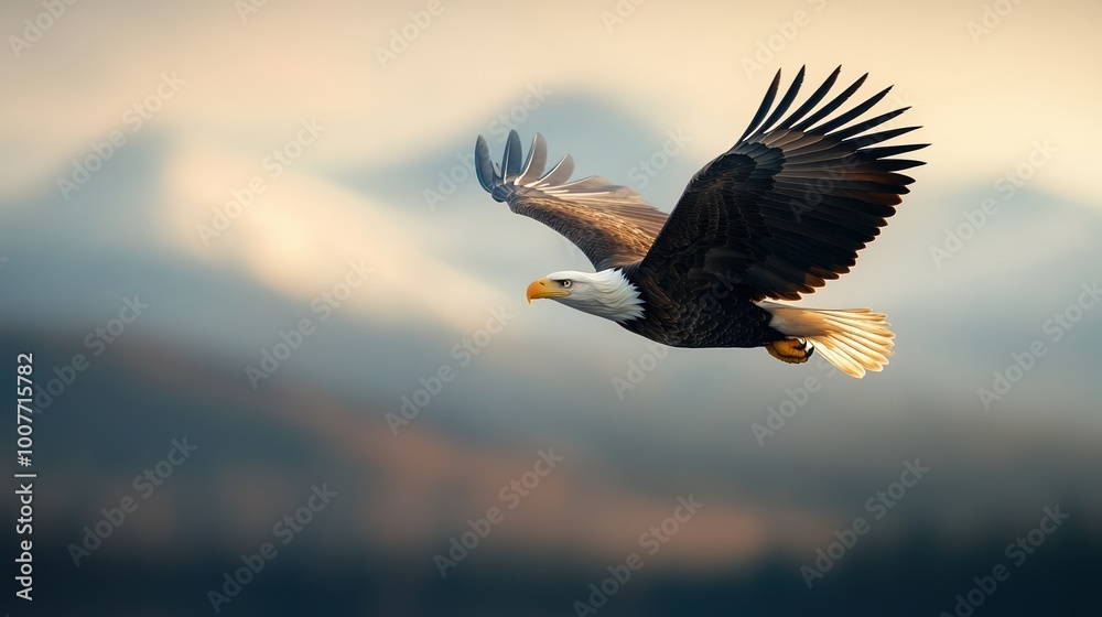 Bald eagle in flight with mountains in the background, natural beauty ...