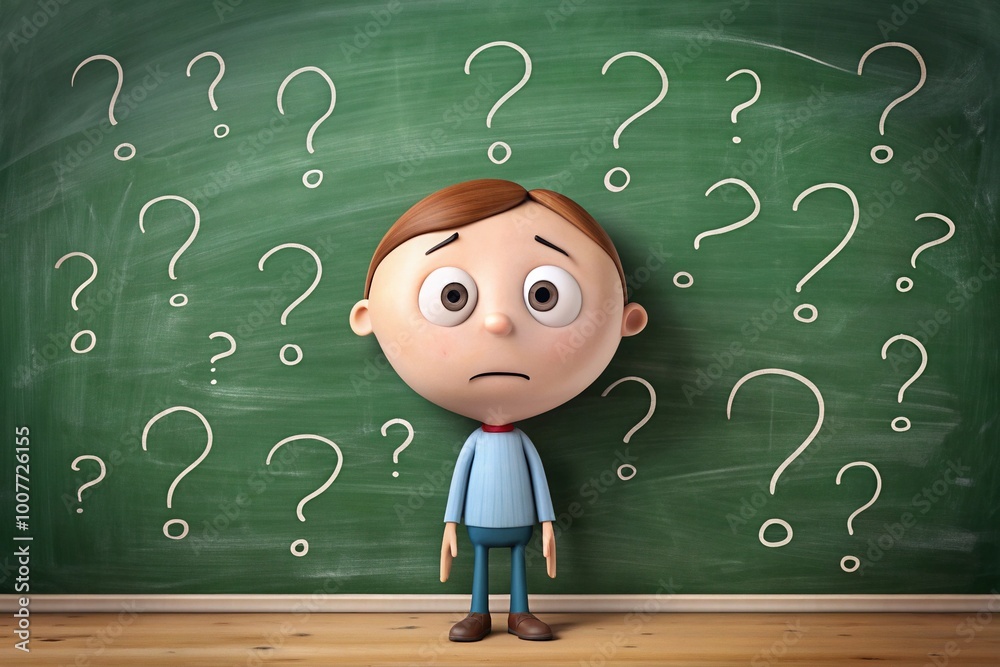 A confused cartoon character stands in front of a math problem on a ...