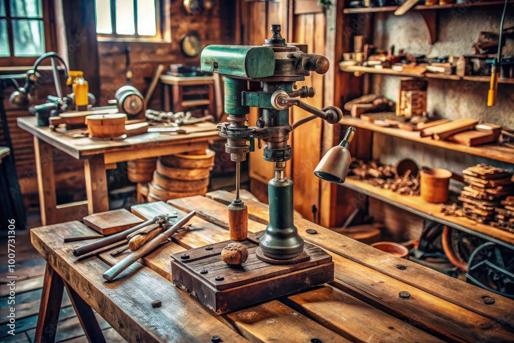 Vintage Hand Drill Press on Wooden Workbench with Tools and Materials ...