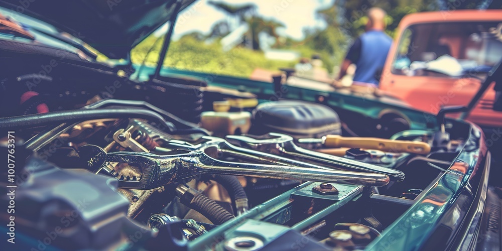 A mechanic inspects the engine of a car with its hood raised ...