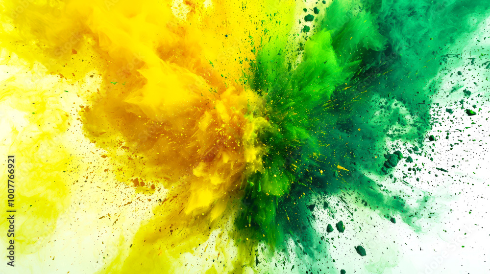 An energetic yellow-green splash of holi colors on a white background ...