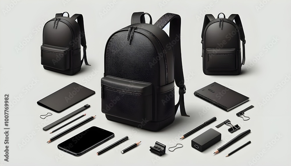 Realistic mockups of a black backpack, shown from various angles ...