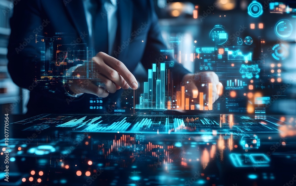 A business professional interacts with advanced data visualization ... A business professional interacts with advanced data visualization ...
