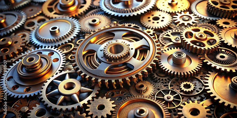 Intricate interlocking cogs and wheels in various metallic hues form a ...