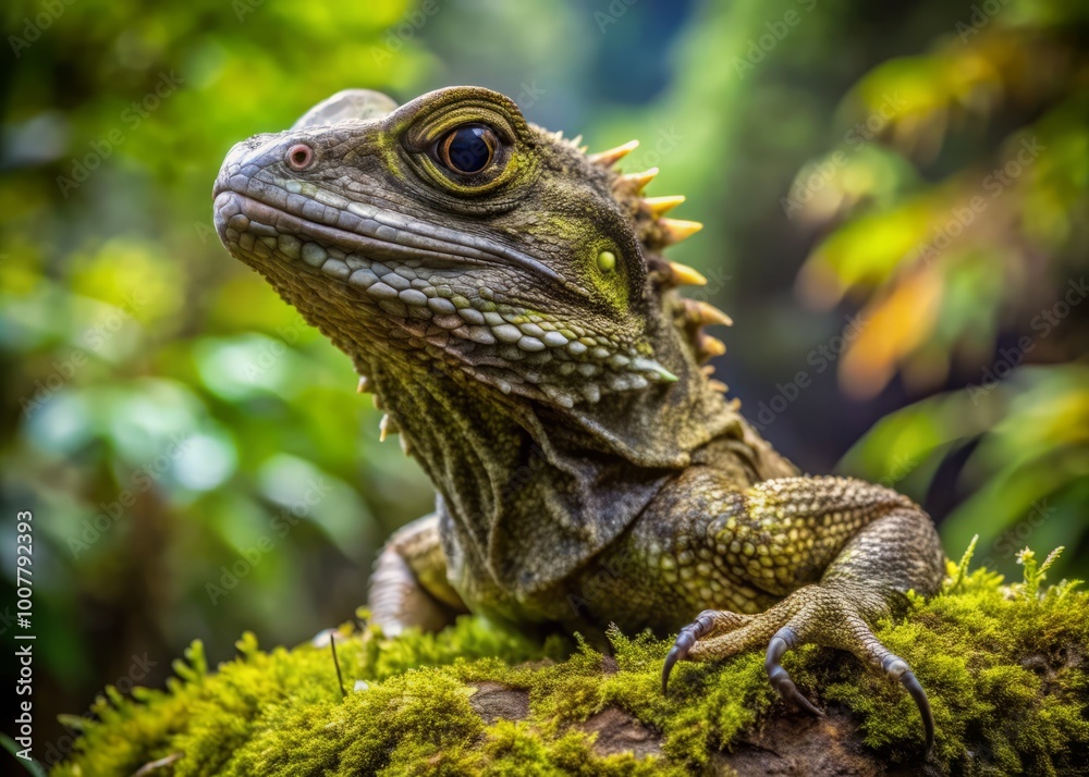 Majestic tuatara lizard, native to New Zealand, perches on a moss ...