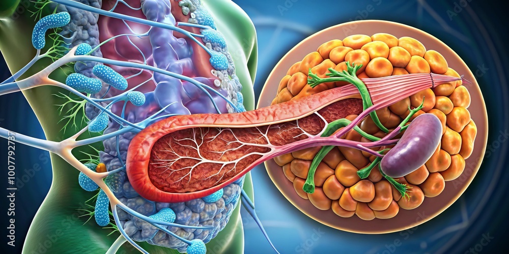 Microscopic illustration of the exocrine pancreas, highlighting acinar ...