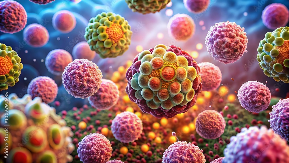 Microscopic view of colon cancer cells, with abnormal growth and ...