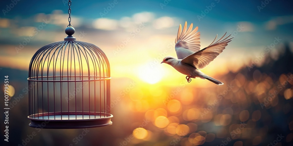 Flying bird escaping from a birdcage, symbolizing freedom and happiness ...
