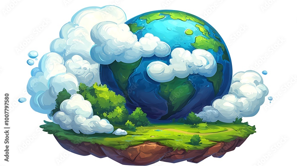 A cartoon globe, wrapped in clouds and greenery, with a small path ...