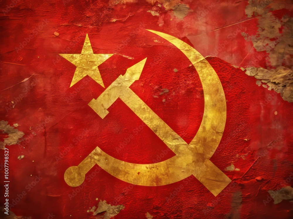 Red hammer and sickle emblems against a worn, distressed Soviet-era flag backdrop, symbolizing ...