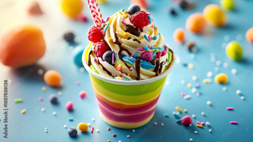 Showcase a delightful image of a swirl of frozen yogurt in a colorful ...
