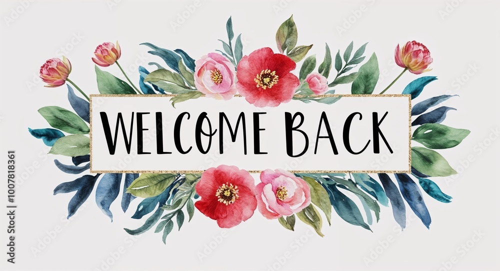 welcome back word lettering with watercolor painting flowers on plain ...