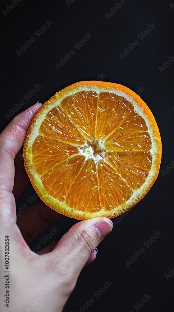 Hand-held orange; inner texture shines, natural glow highlighting its ...