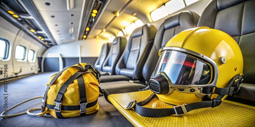 Yellow and black helicopter safety helmet and oxygen mask lie next to a ...