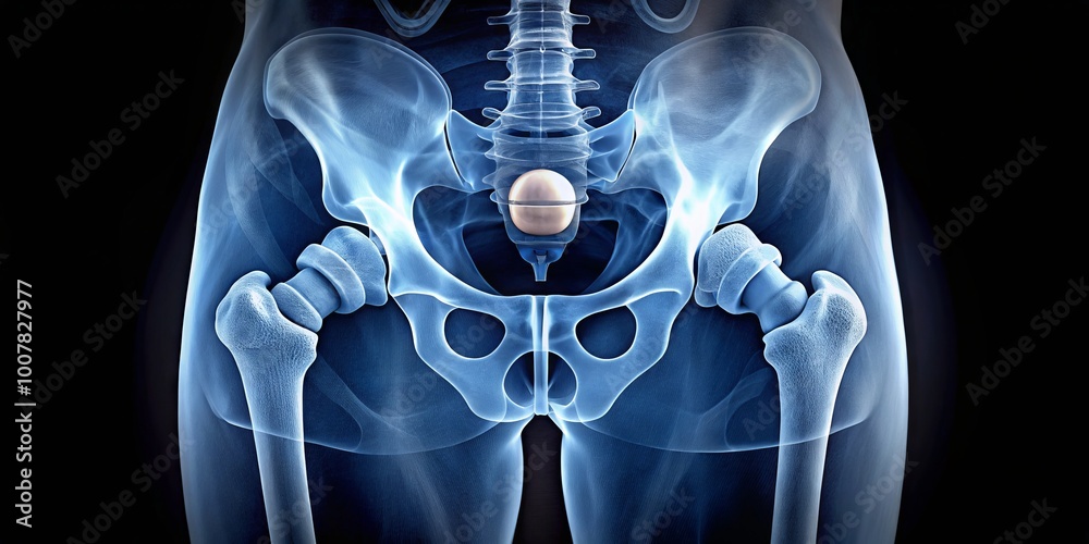 X-ray image of a human pelvis showing a replacement hip joint implant ...