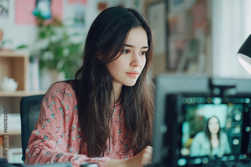 Young content creator filming a video in her home office, setting up ...