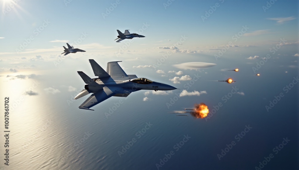 Aerial dogfight between fighter jets, with missiles launching mid-air ...