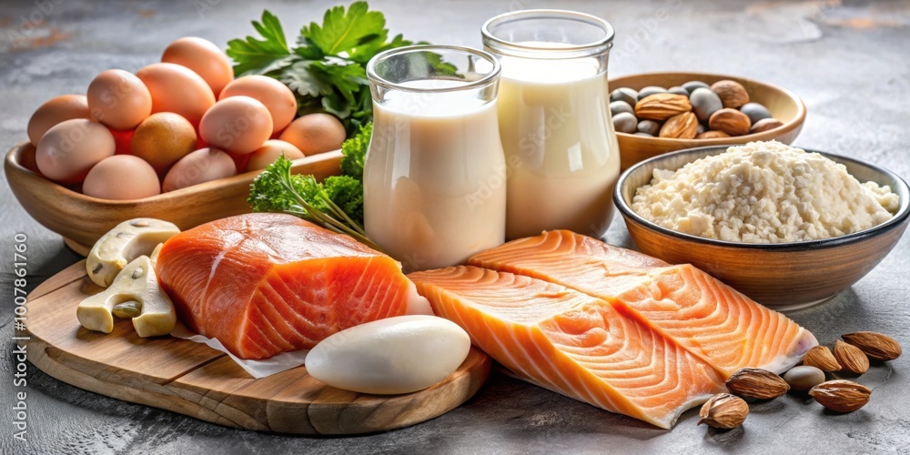 Variety of foods rich in vitamin D, including salmon, eggs, mushrooms ...