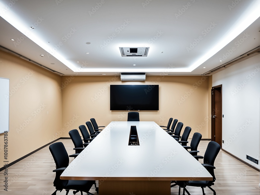 Meeting room with big table and projector Stock Photo | Adobe Stock