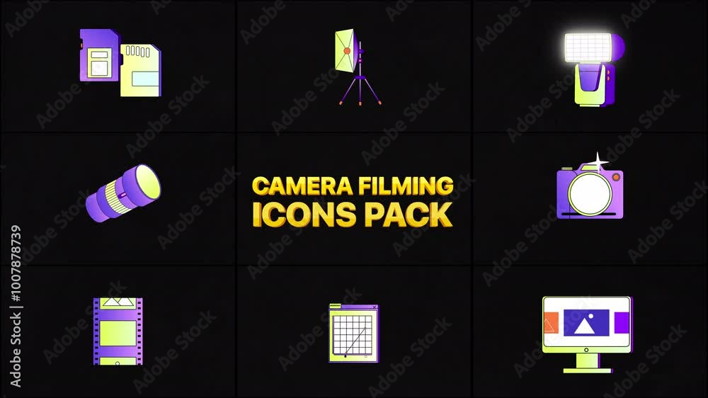 Camera Filming Icons is a motion graphics pack featuring 8 animated ...