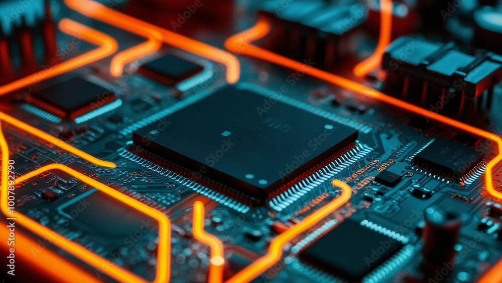 Computer circuit board with chips illuminated by orange glowing wires ...