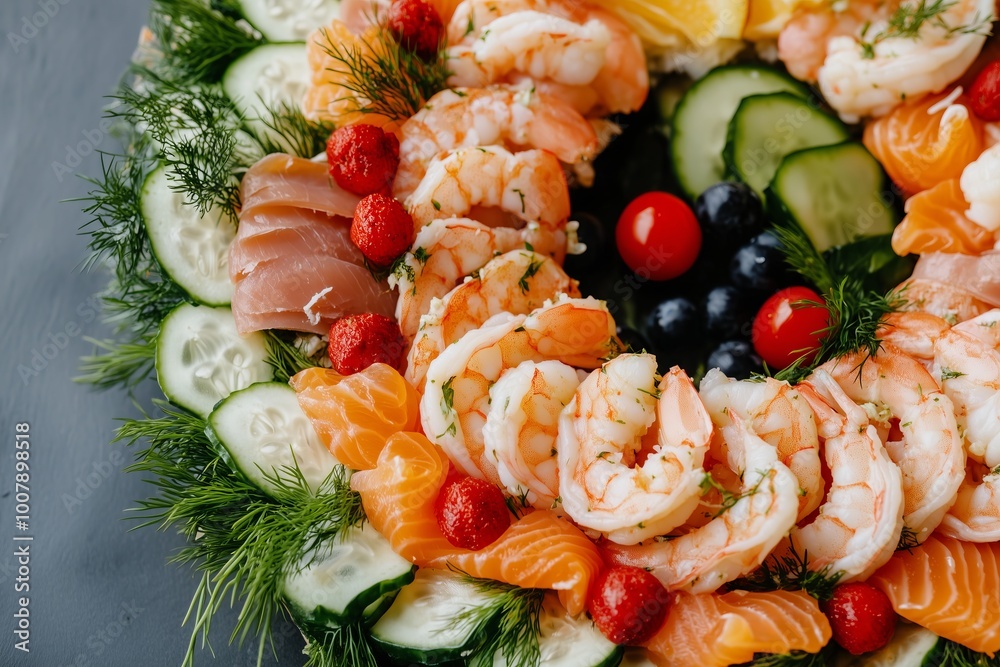 seafood charcuterie wreath, featuring smoked salmon, shrimp, crackers ...