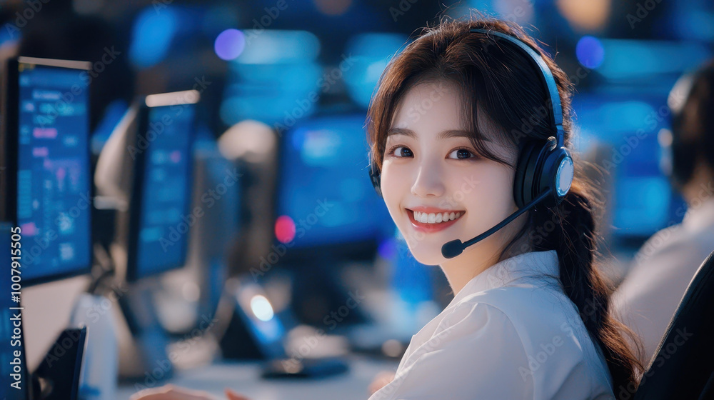 Cheerful call center agent dons a headset, engages with clients ...