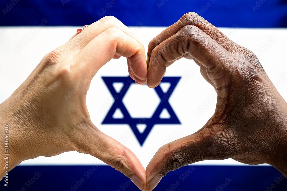 A heart shape made by two hands with the Israeli flag in background ...