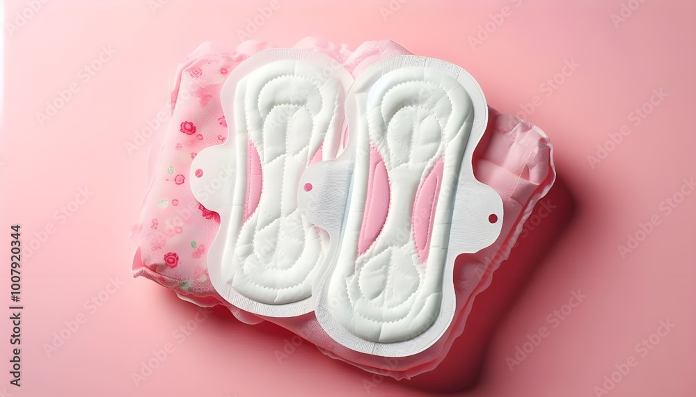 Feminine hygiene pads displayed on a soft pastel pink background ...