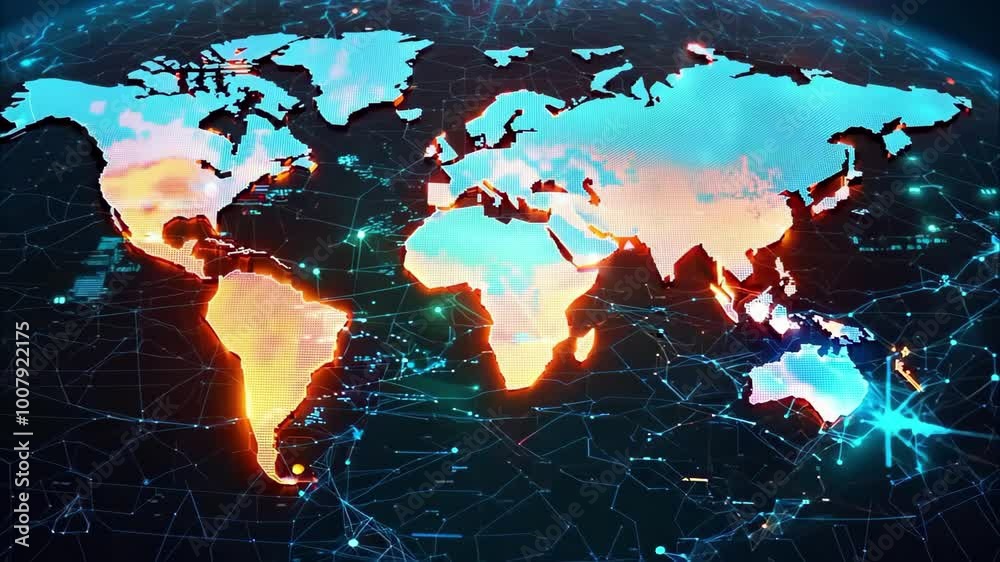 A digital representation of a world map with vibrant colors and network ...