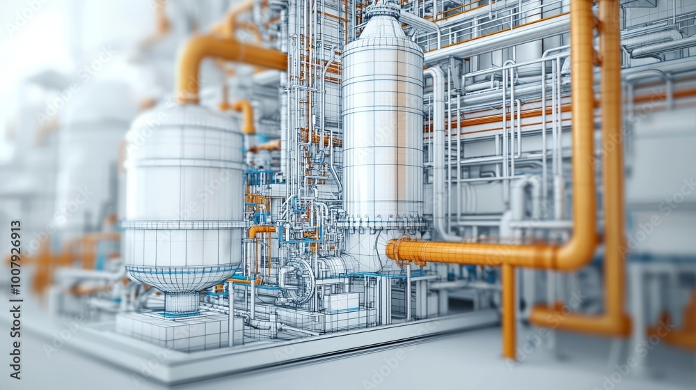 Detailed digital sketch of a collagen supplement factory with intricate ...