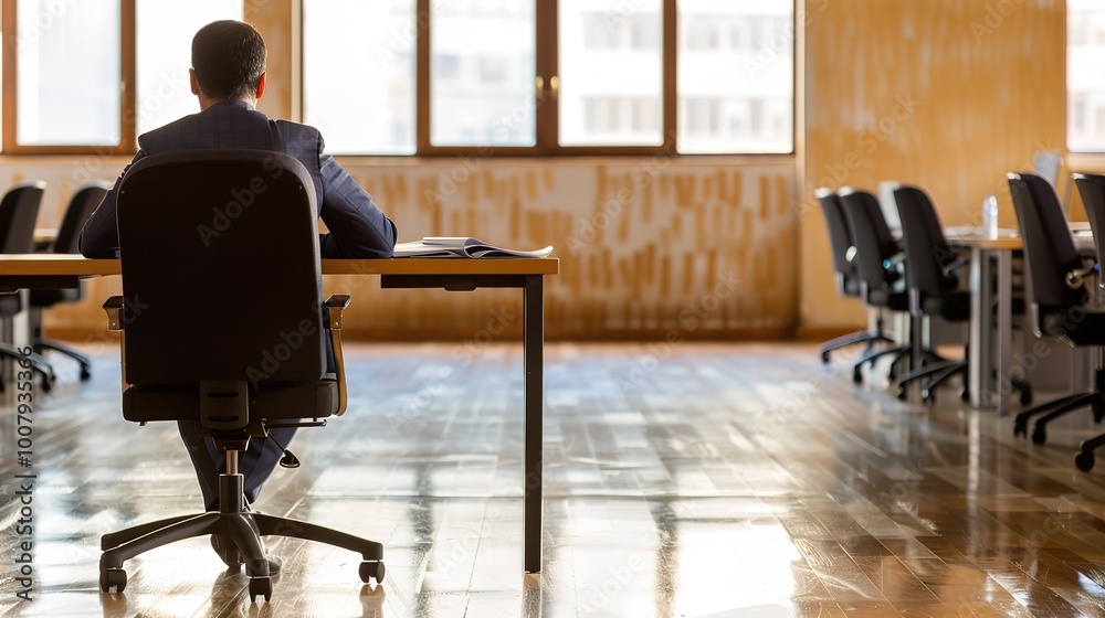 Man sitting alone in an empty office, gazing at an empty desk with a ...