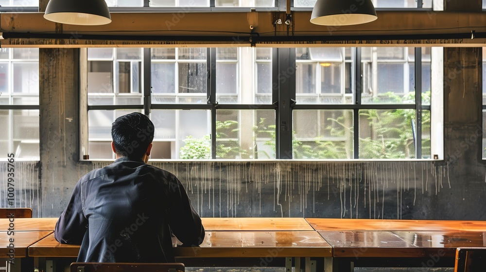 Man sitting alone in an empty office, gazing at an empty desk with a ...