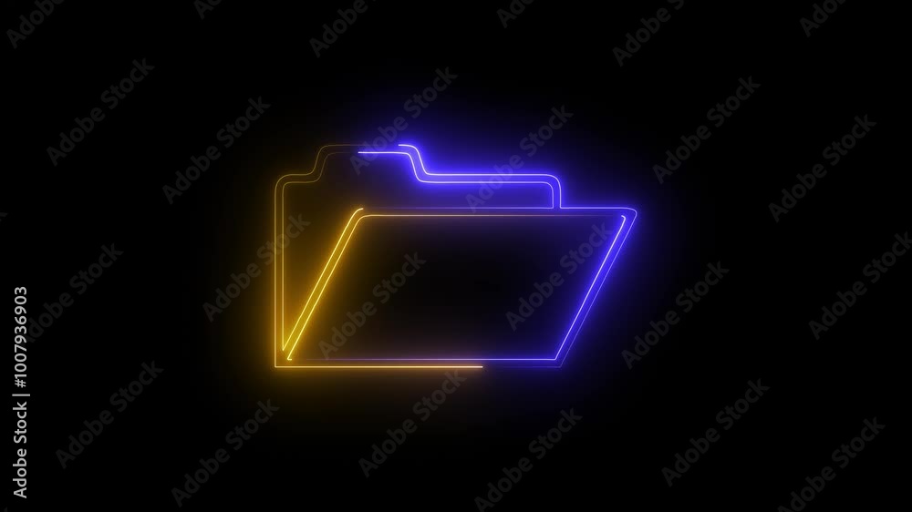 Neon glowing mobile device folder icon animated on black background ...