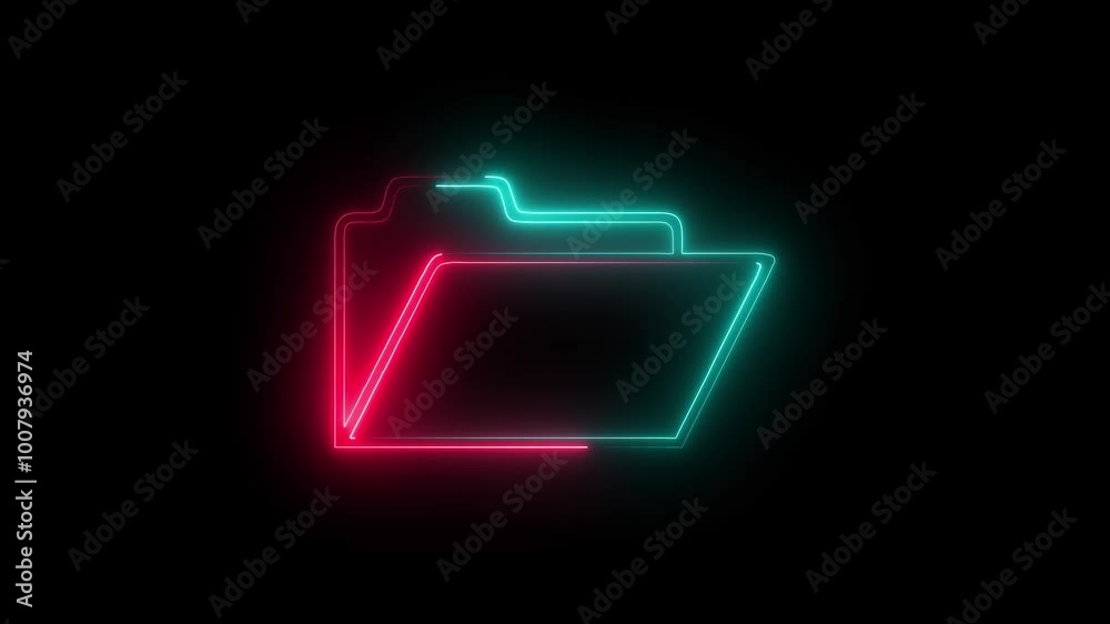 Neon glowing mobile device folder icon animated on black background ...