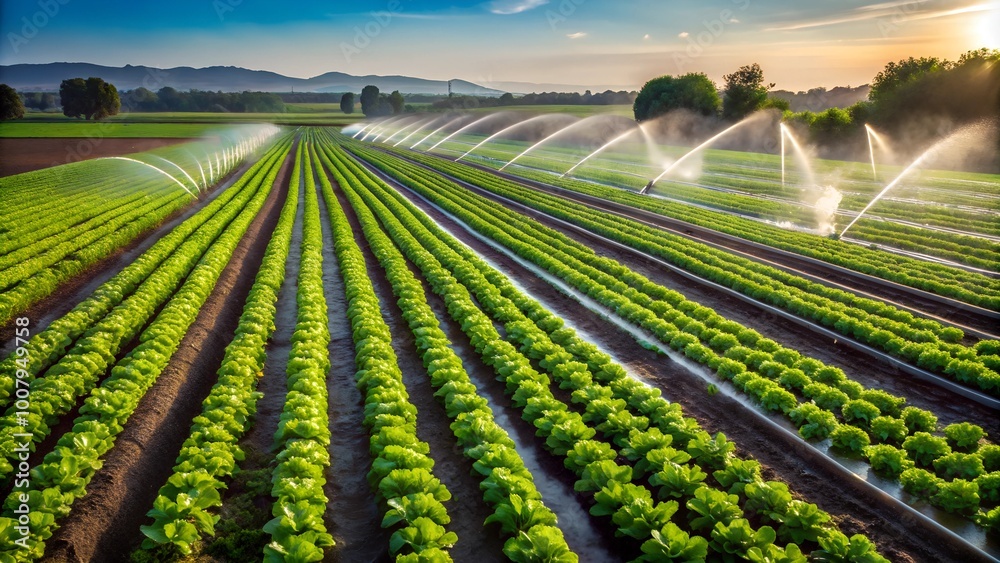Vast Green Agricultural Field with Sprinklers Providing Irrigation ...