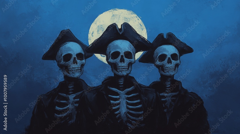 Three skeletons in pirate hats stand against a full moon backdrop ...