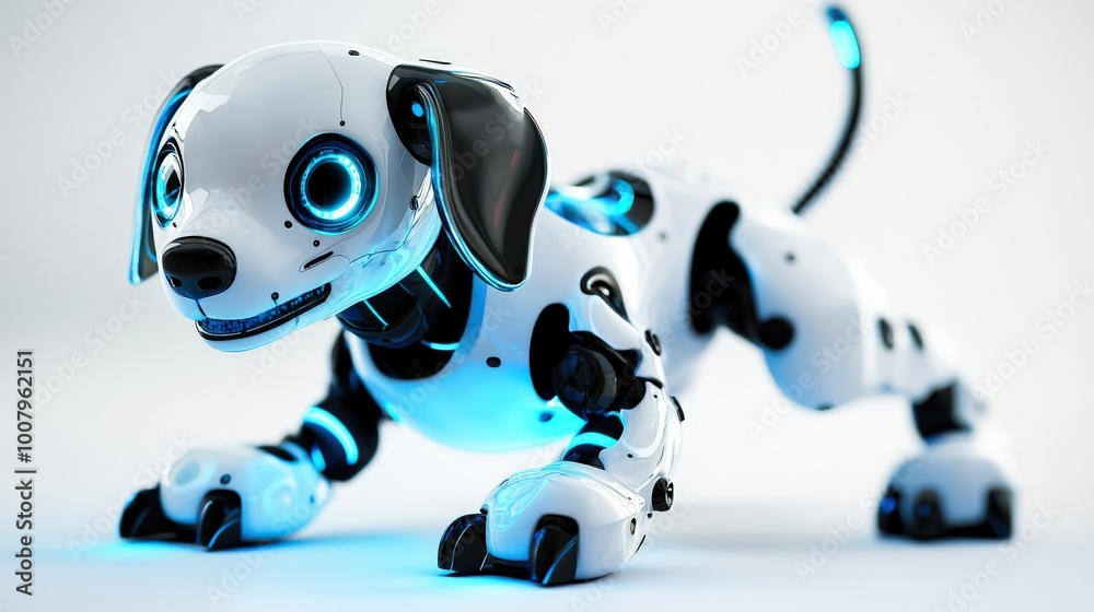 A playful robot dog with floppy ears and LED lights for eyes, happily ...