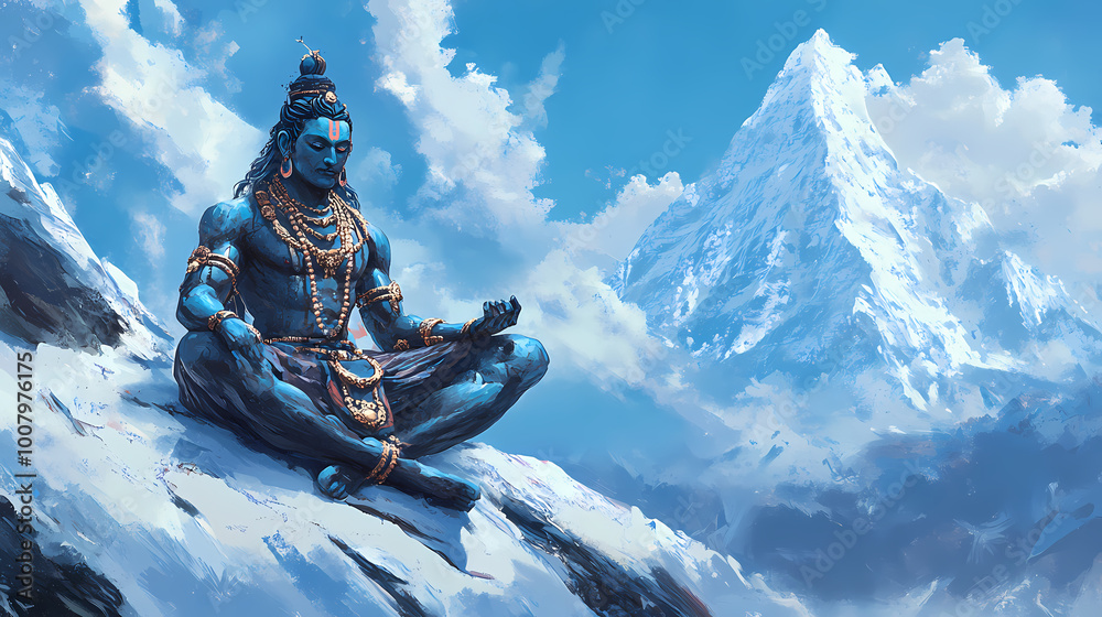 Hindu god lord shiva resting peacefully sitting on the peak of mount ...