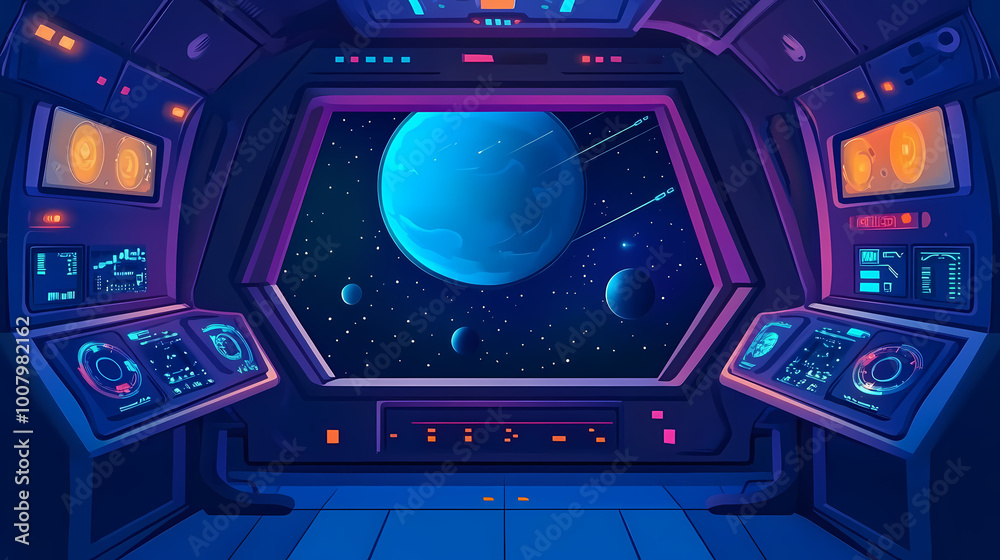 Outer view of spaceship window with control system room. abstract ...